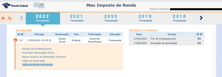 Número do Recibo de Entrega da sua Declaração de IRPF
